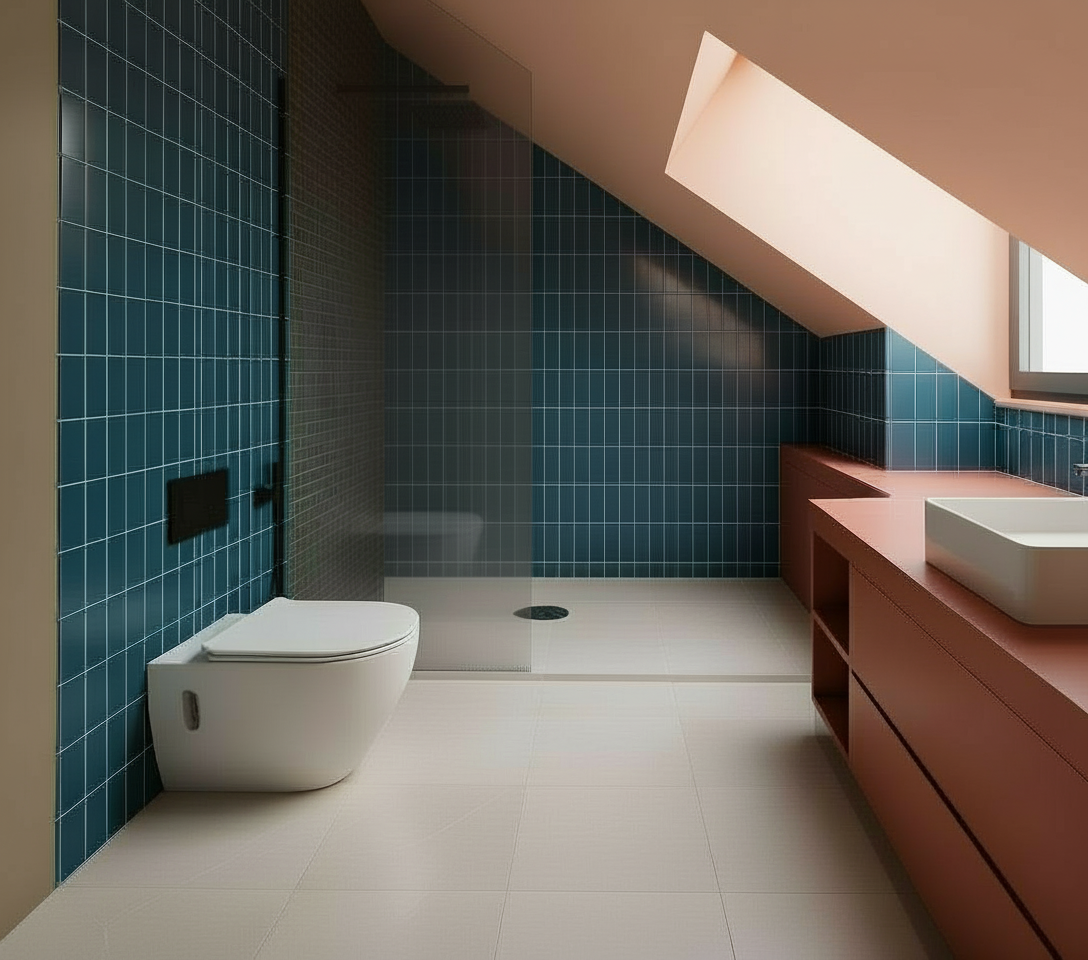 move up wc blue tiles on all shower walls undermounth sink pink taps ...
