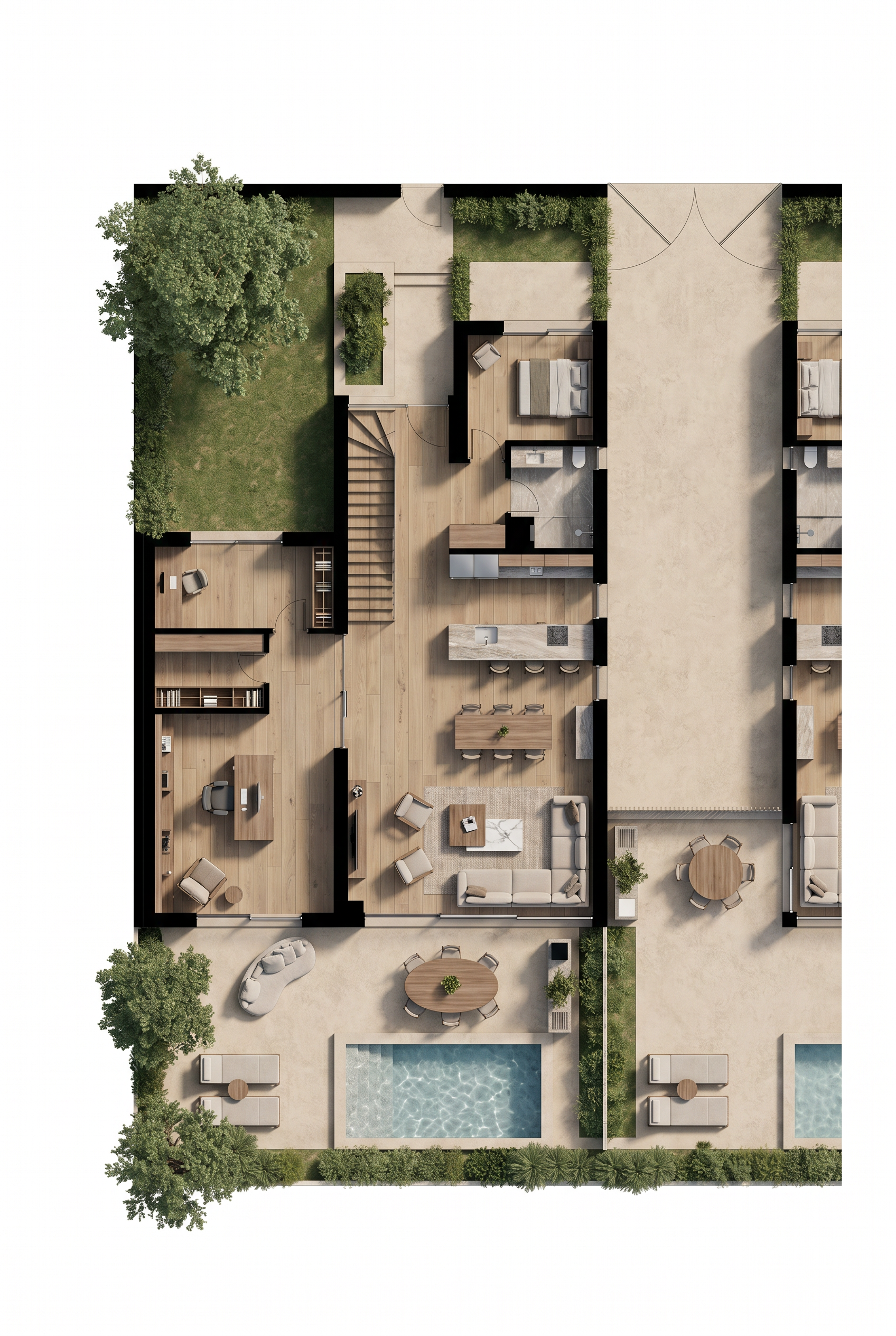 populate empty d floor plan with realistic furniture and fixtures while ...
