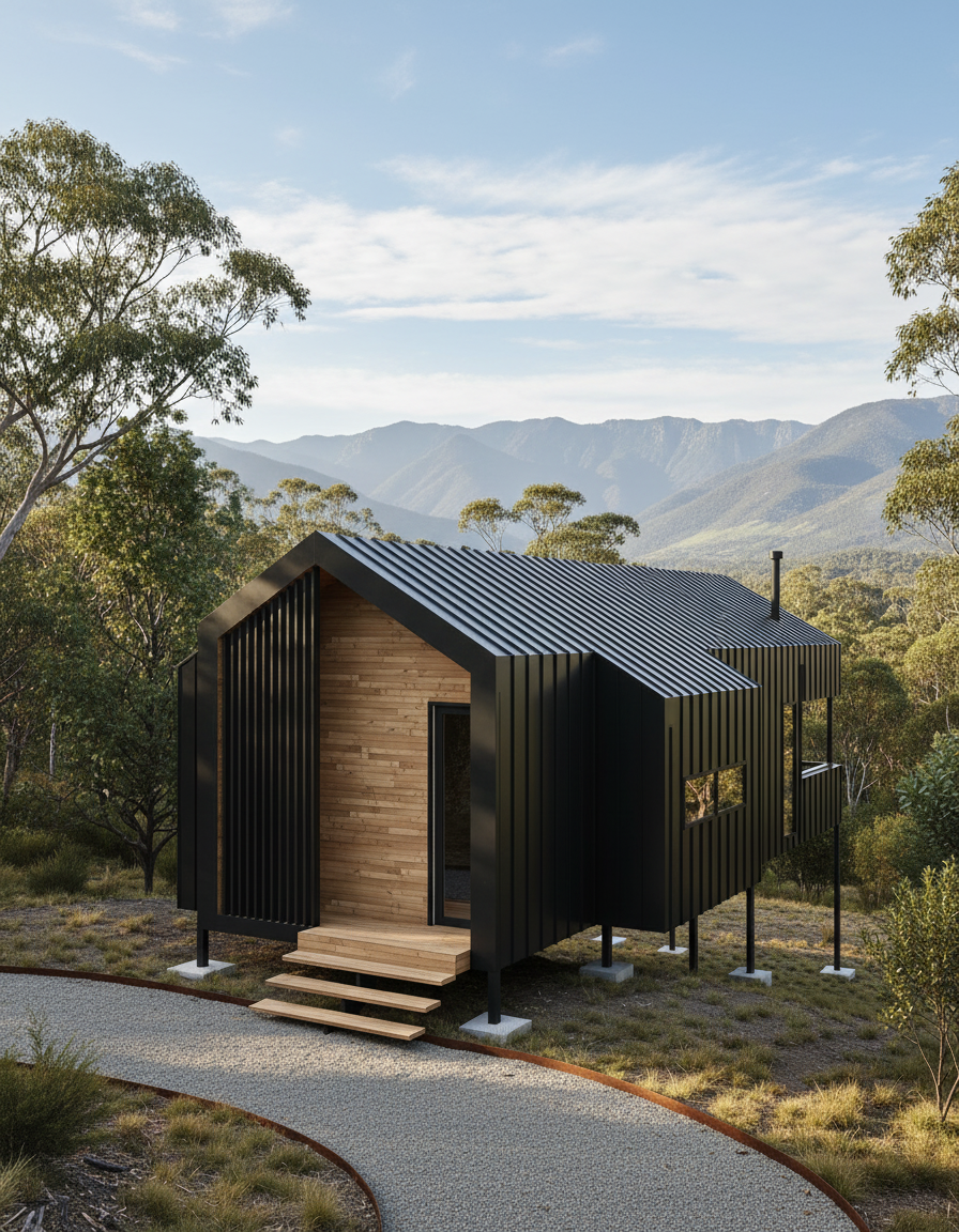 wilderness cabin cantilevering from sloping site external standing seam ...