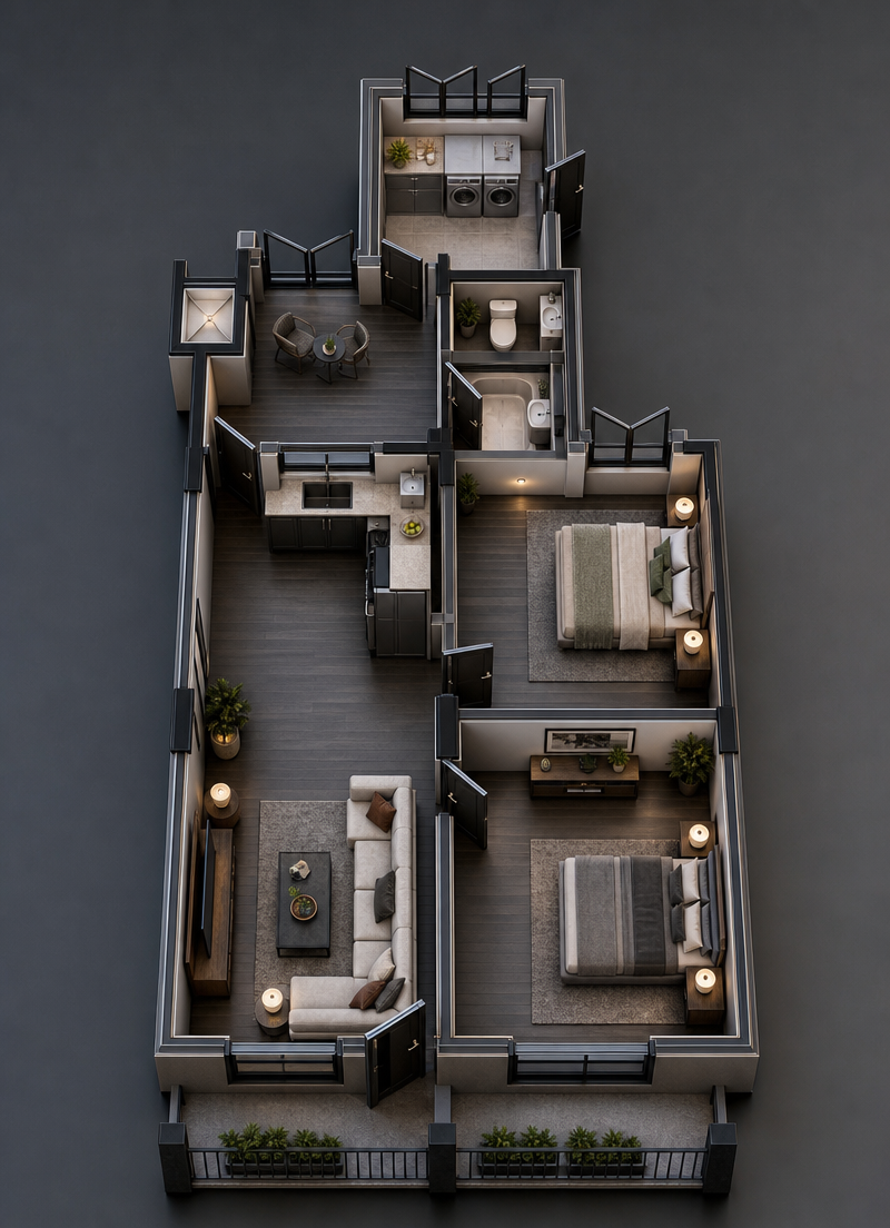 eye level interior render narrow rectangular singapore hdb layout long ...