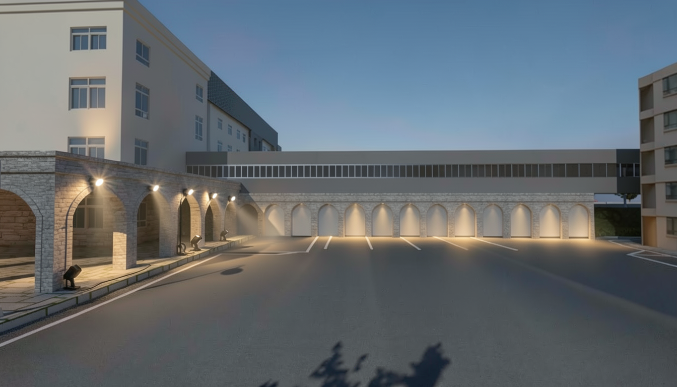 ground mounted spotlights are installed at each bridge pier hidden in ...