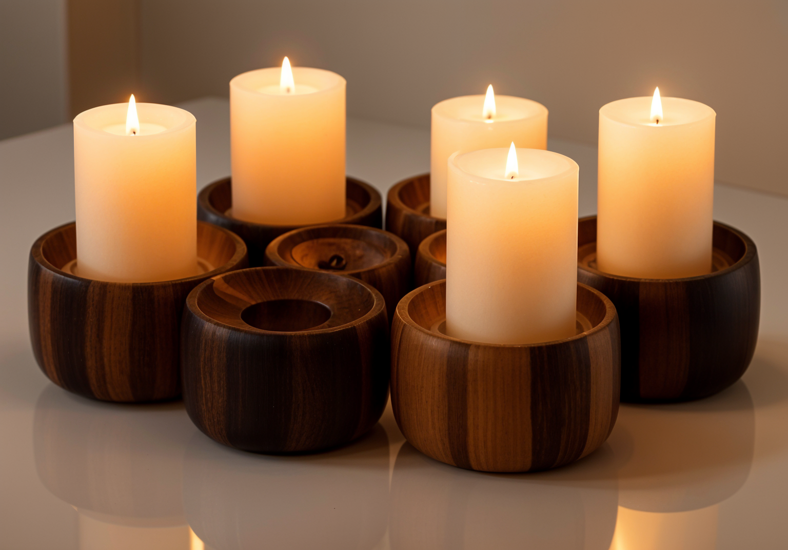 render seven solid wooden candle holders made of oak finished with an ...