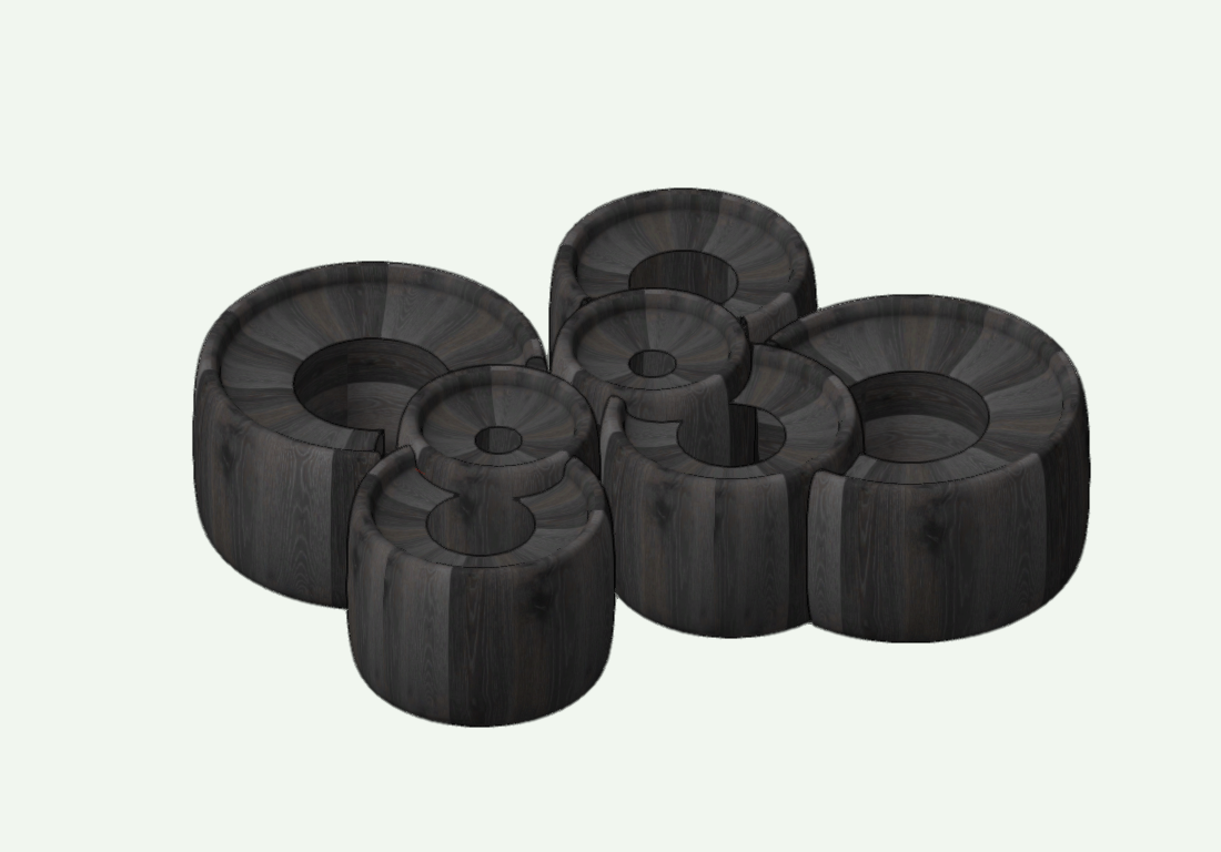 render seven solid wooden candle holders made of oak finished with an ...