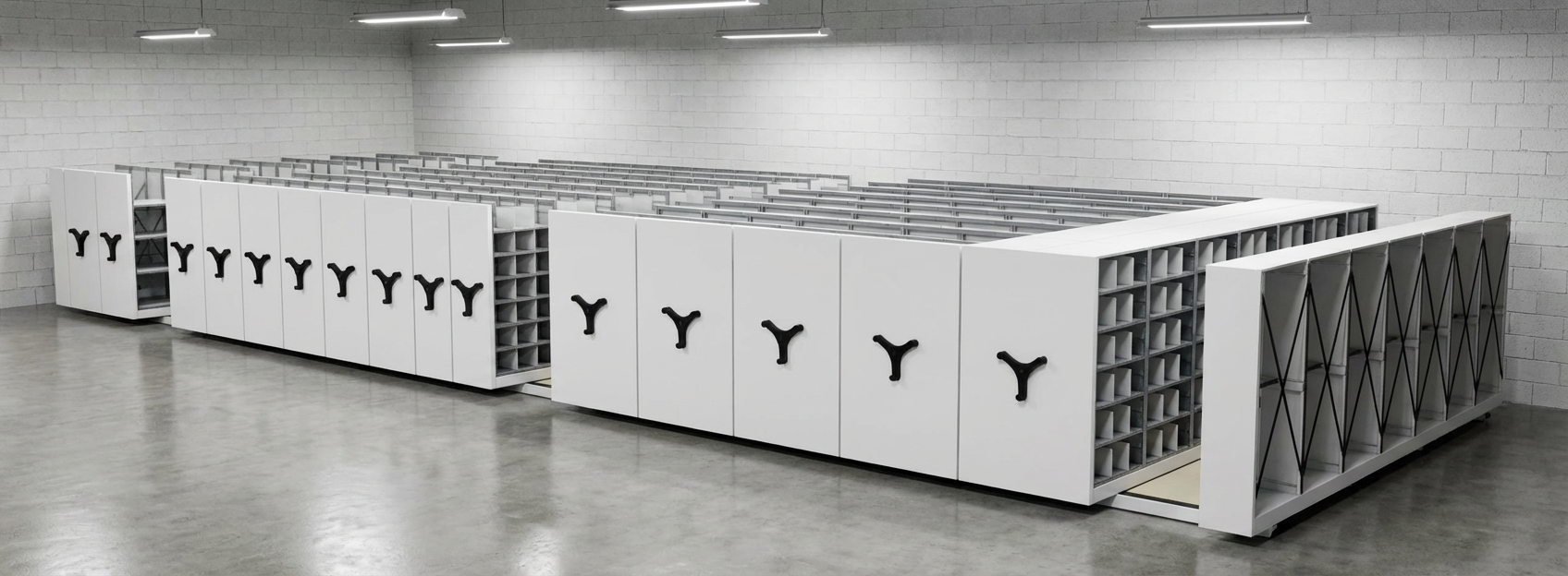 please render storage system in a straight on front view in a warehouse ...