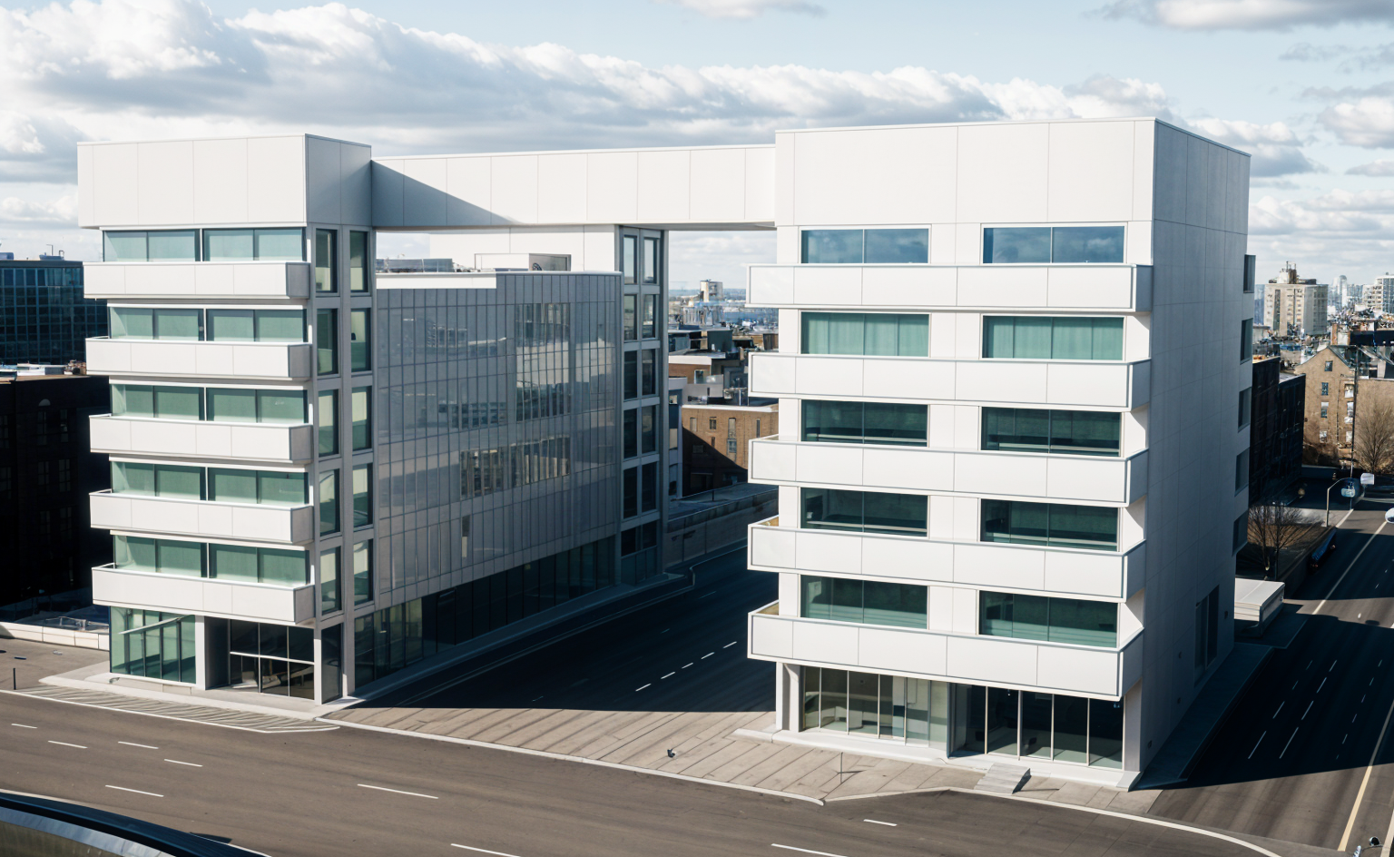 classical exterior shot modernist bridge in between clean facade white ...