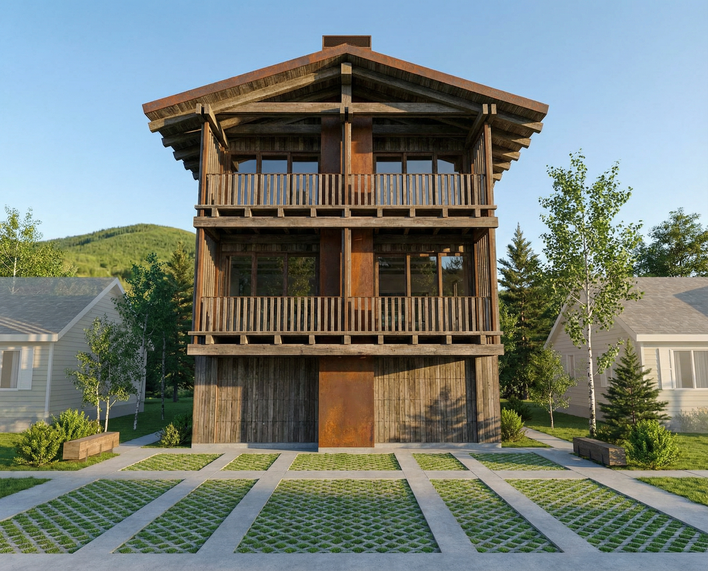 maintain rusted metal chimney add small green bushes on either side of ...