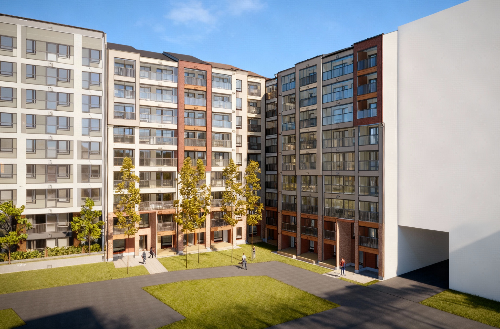 sunny day people trees glazing balconies without partition frames