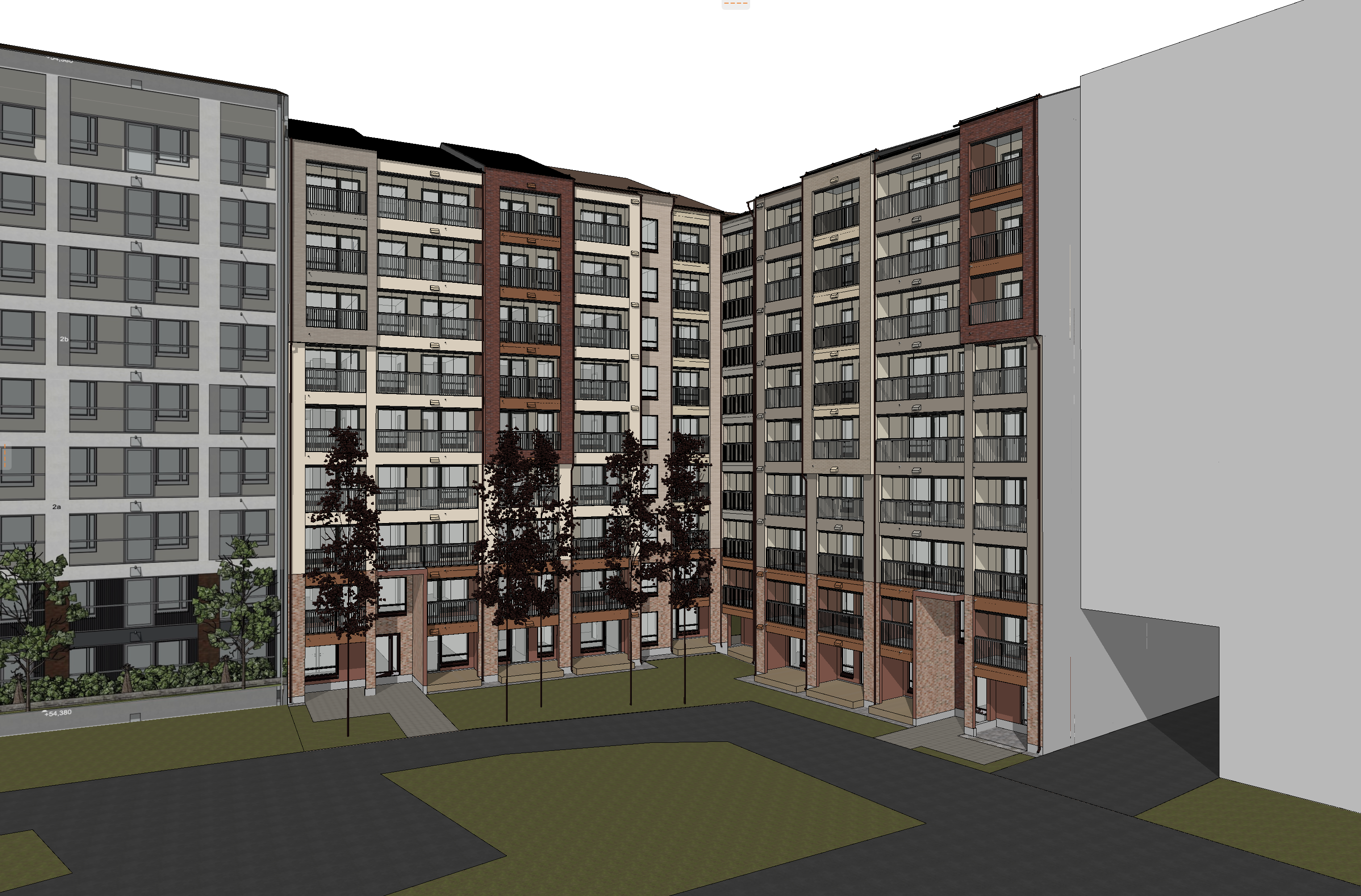 sunny day people trees glazing balconies without partition frames